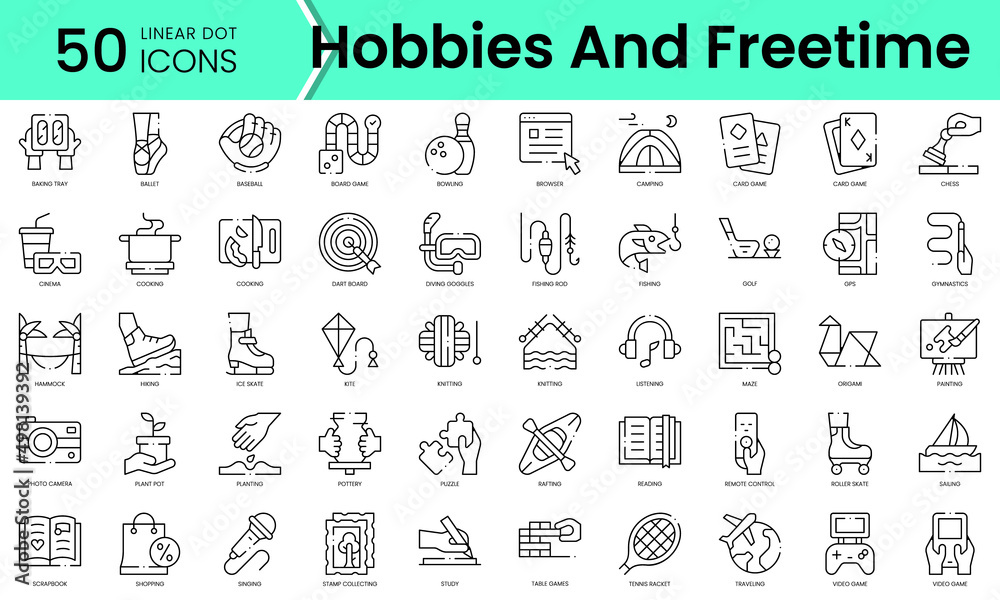 Set of hobbies and freetime icons. Line art style icons bundle. vector ...