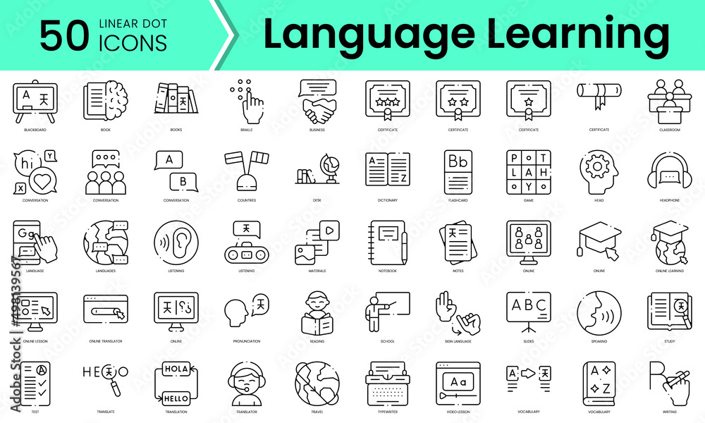 Set of language learning icons. Line art style icons bundle. vector ...