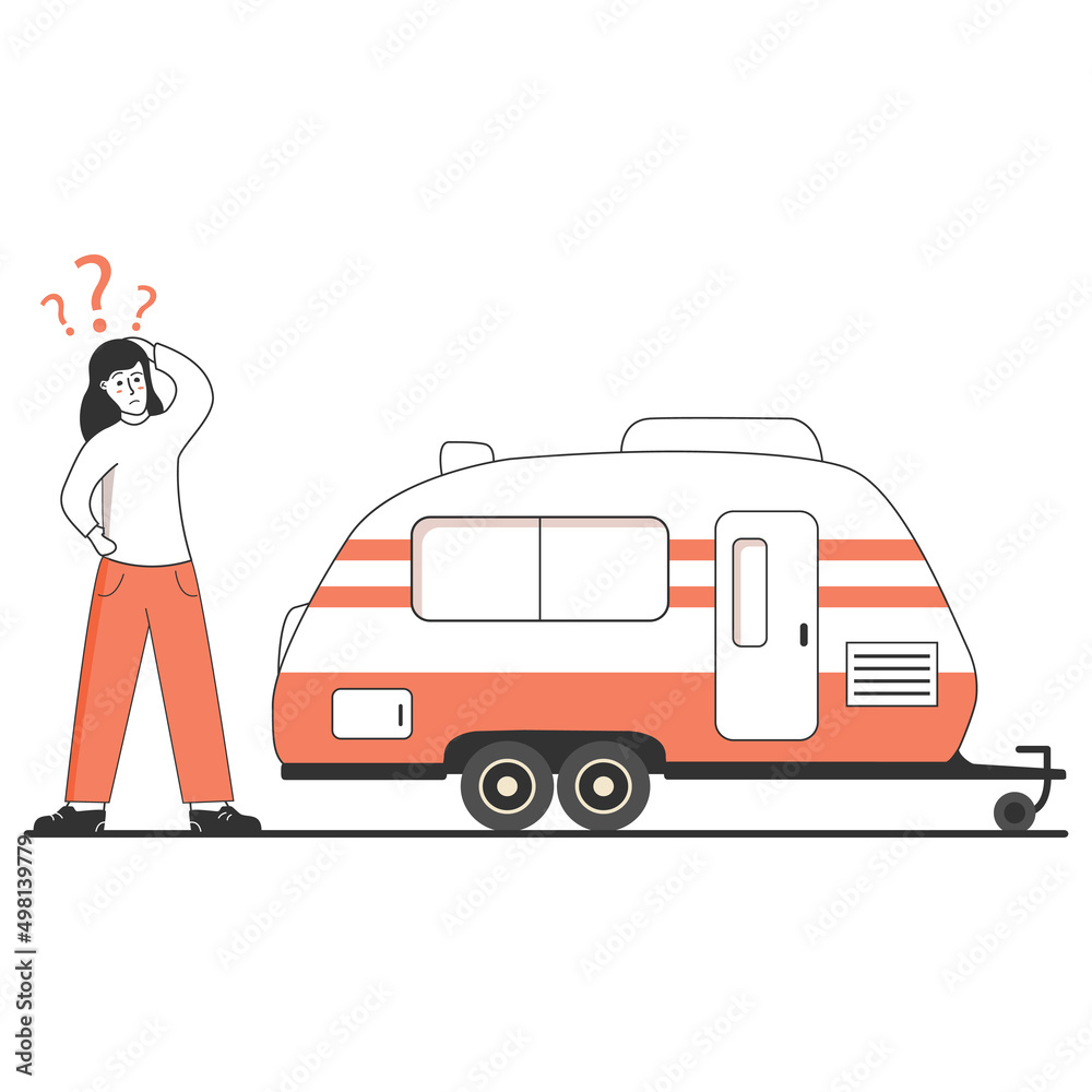 Camper van caravan RV. Young woman chooses a trailer for travel ...