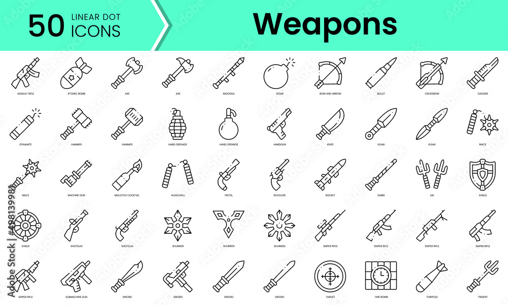 Set of weapons icons. Line art style icons bundle. vector illustration ...