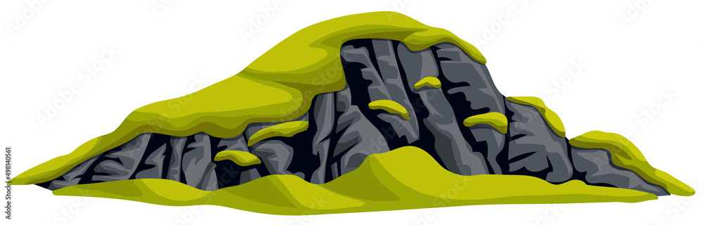 Mountain ridges. Stones grey wall with moss and grass. Isolated vector ...