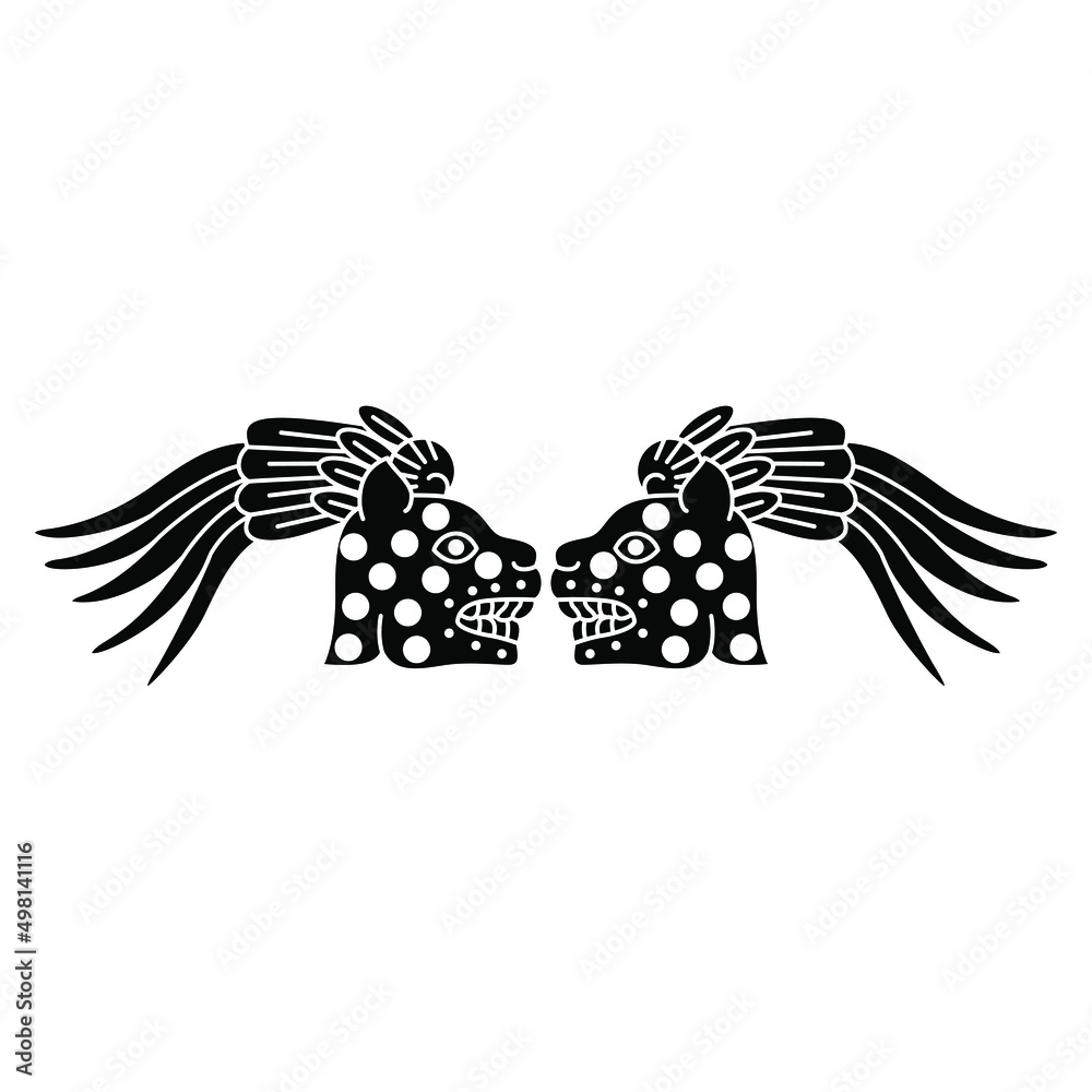 Symmetrical animal design with two jaguar heads in plume crowns. Native ...