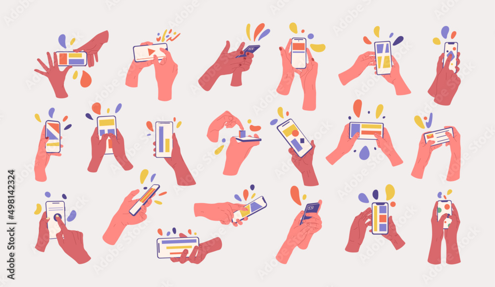 Cartoon hands holding cellphone, human hand touch smartphone screen ...