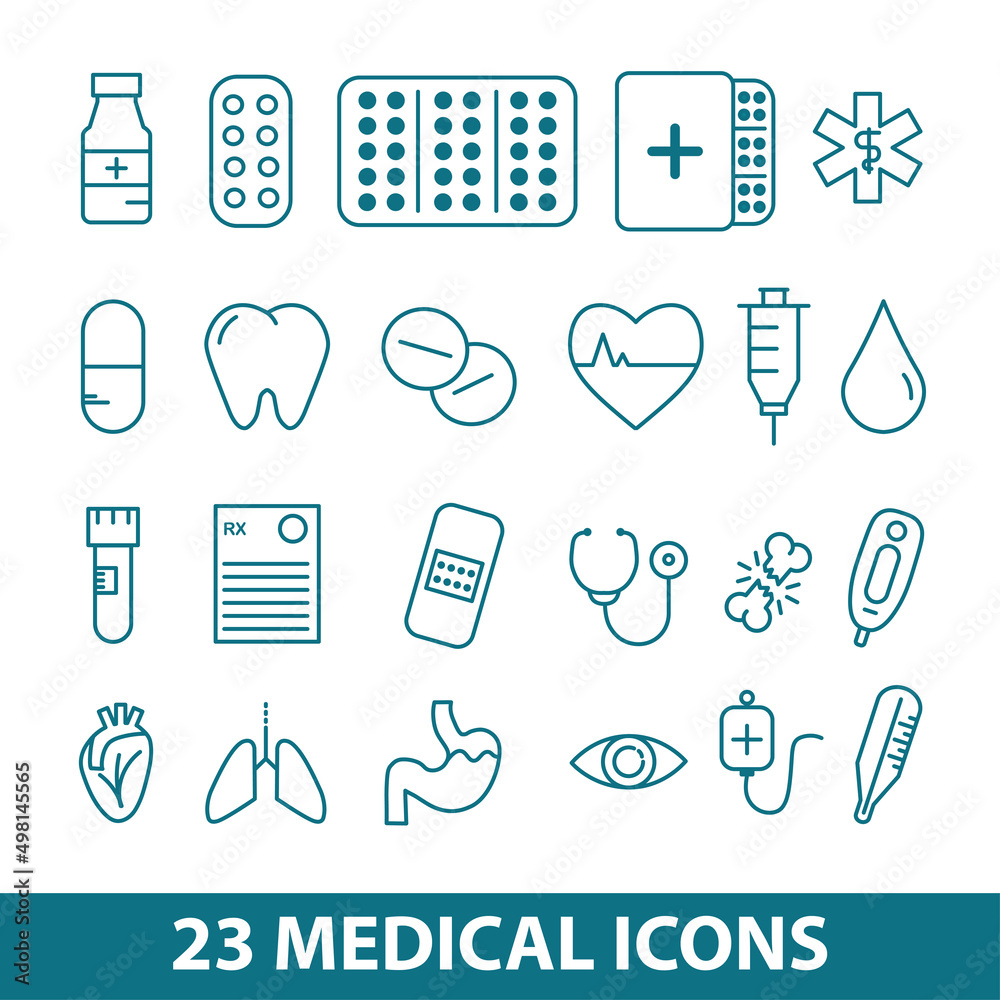 Set of medical icons: bottle, drug, pack, medical symbol, pharmacy ...