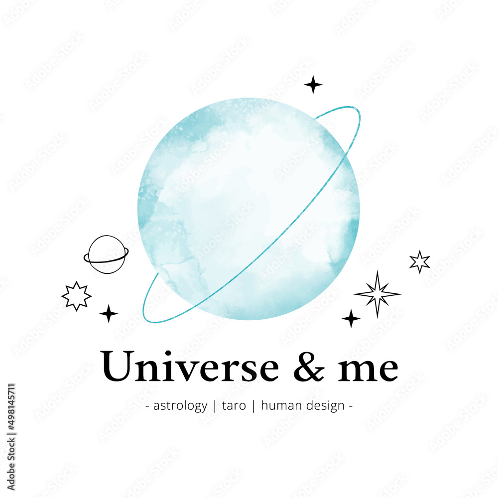 Watercolor vector logo with linear signs - blue planet with universe ...