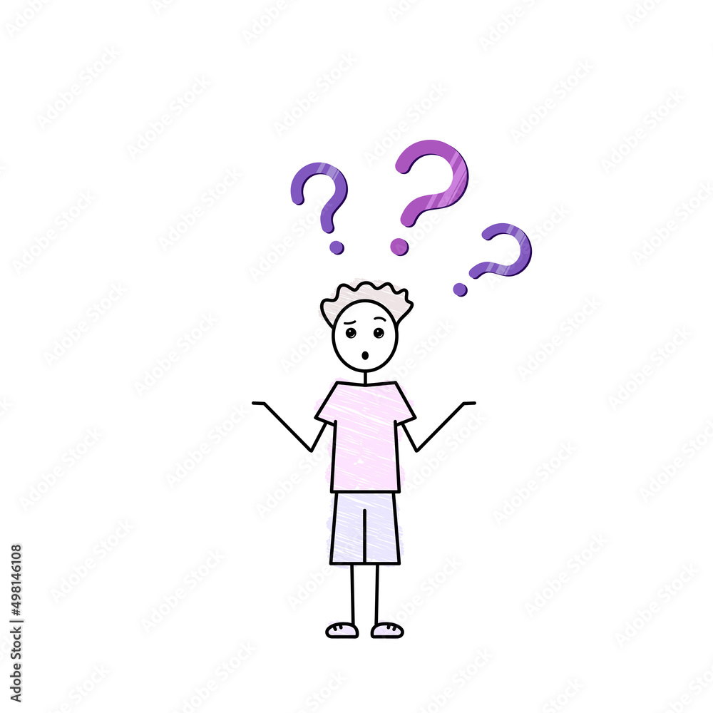 confused young curly teen boy with purple question marks overhead ...