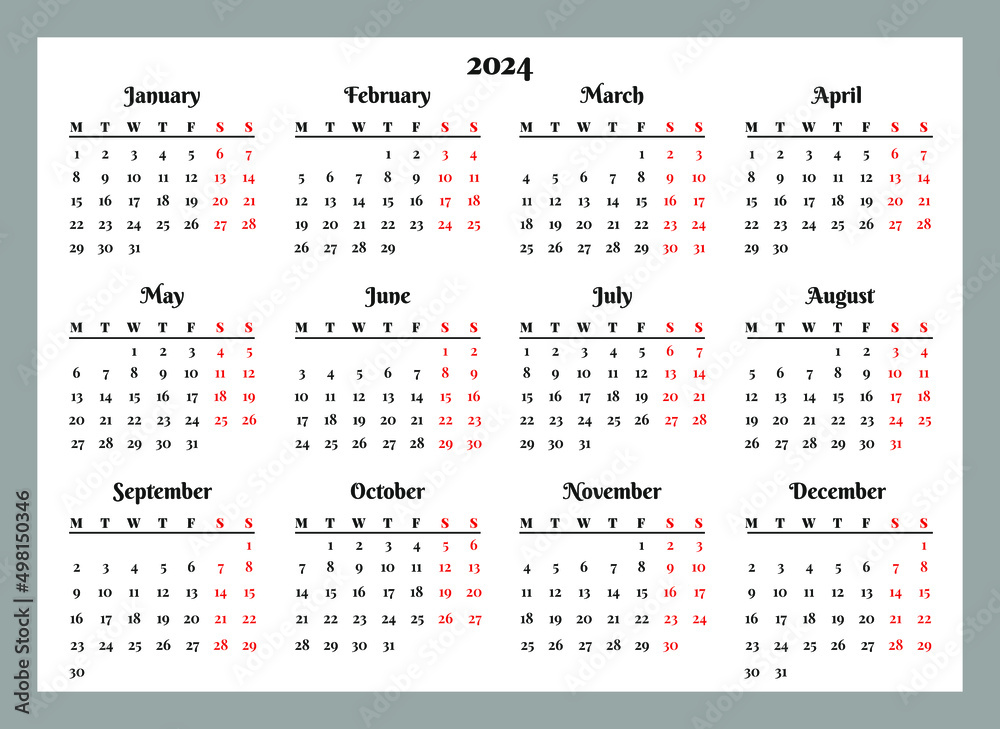 Horizontal calendar grid for 2024 in A4 format, week starts from Monday ...