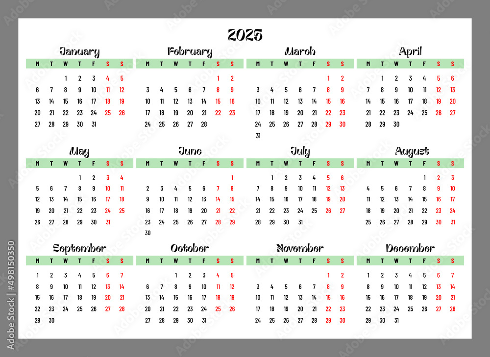 Horizontal calendar grid for 2025 in A4 format, week starts from Monday ...