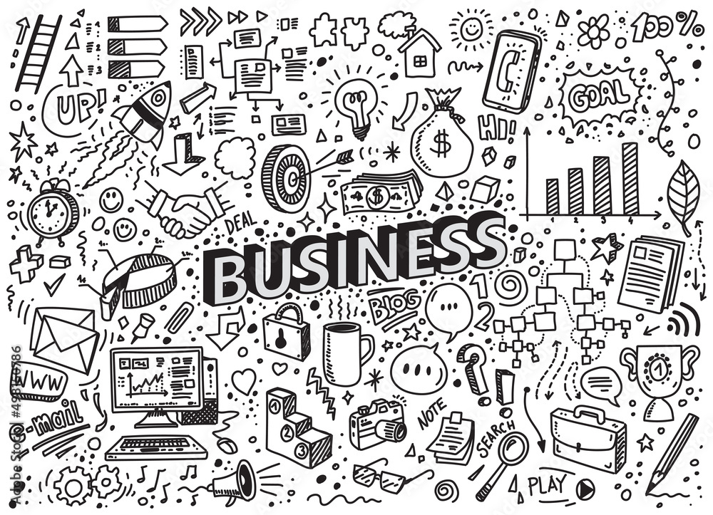 Business vector hand drawn doodles set, hand drawing on white paper ...