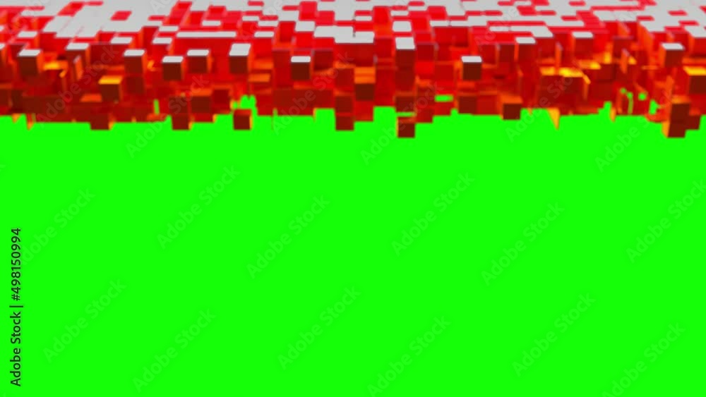 Orange cubic particles cut out of white surface, reveal green screen ...