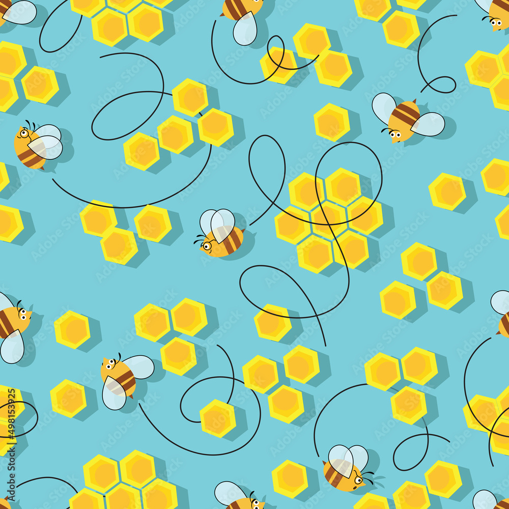 Cartoon bee background. Bee flies along a spiral route on blue ...