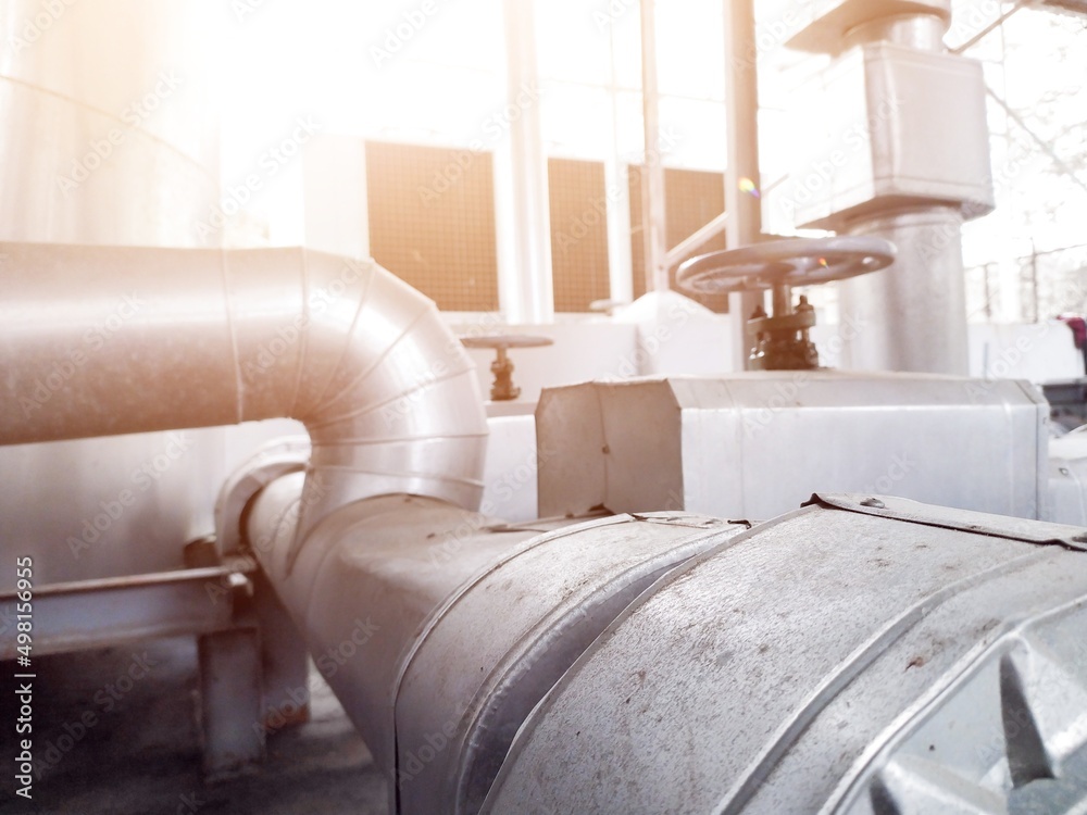 Water boiler and cold pipe line on the chiller machine industry. Stock ...