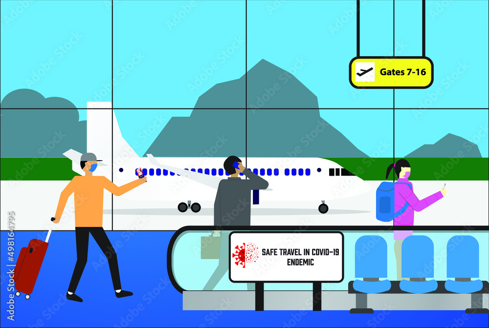 A vector passenger moving to departure gate and safe travel in covid-18 ...