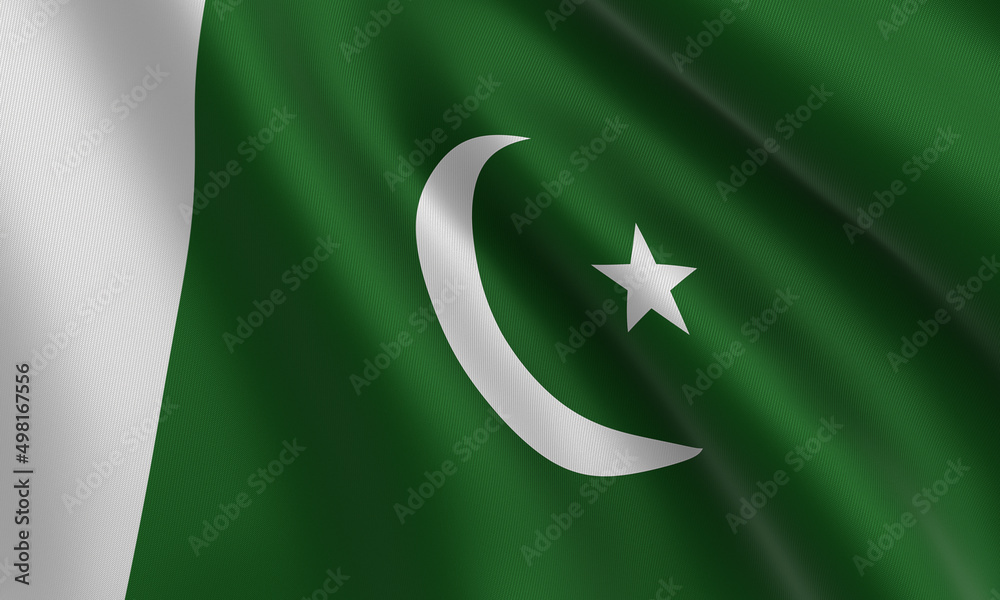 Flag of Pakistan fluttering in the wind, close-up. Green and white ...