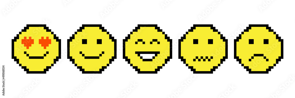 Yellow smileys pixel in retro style on white background. Happy face ...