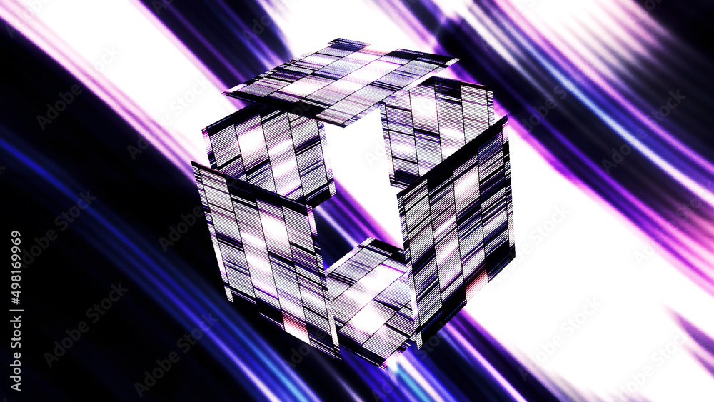 Virtual 3D cube in game space. Motion. Bright glowing cube is ...