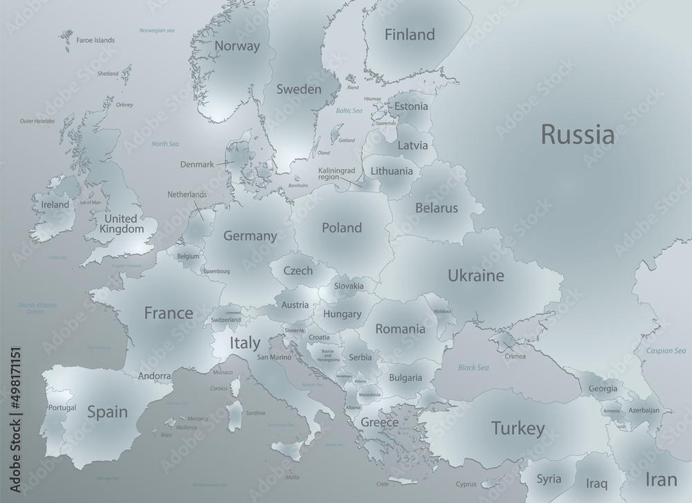 Europe with parts of Asia, detailed map, individual states and islands ...