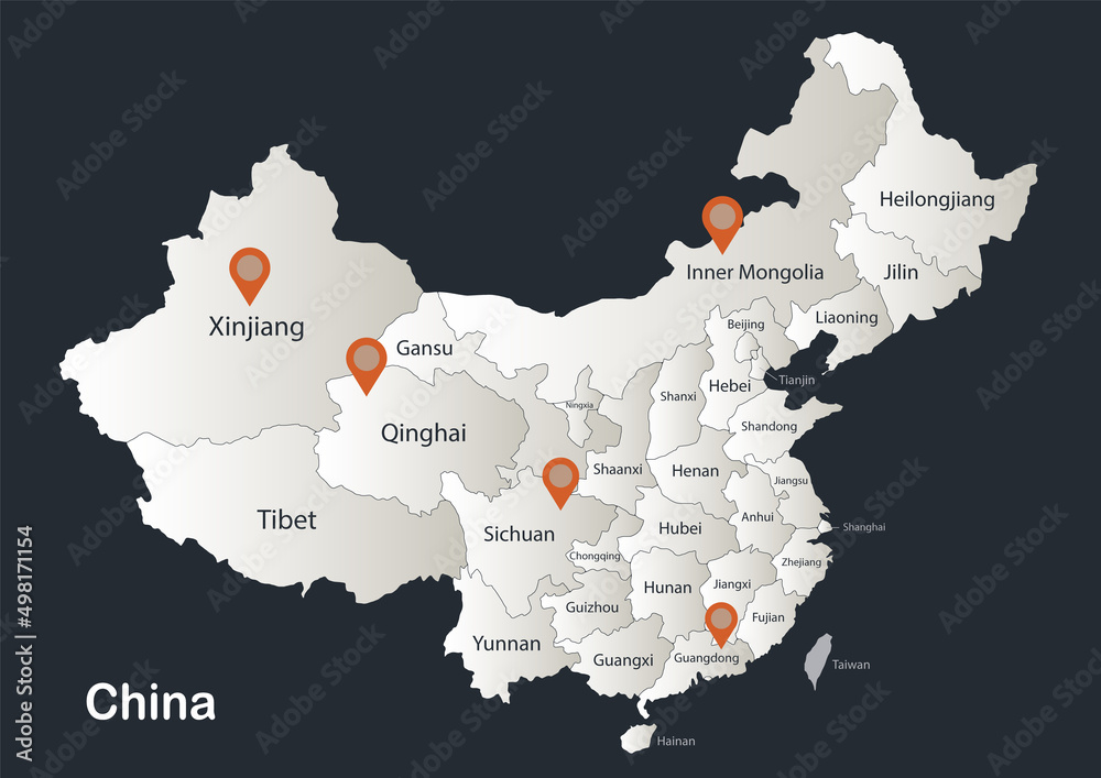 China map, Infographics flat design colors snow white, with names of ...