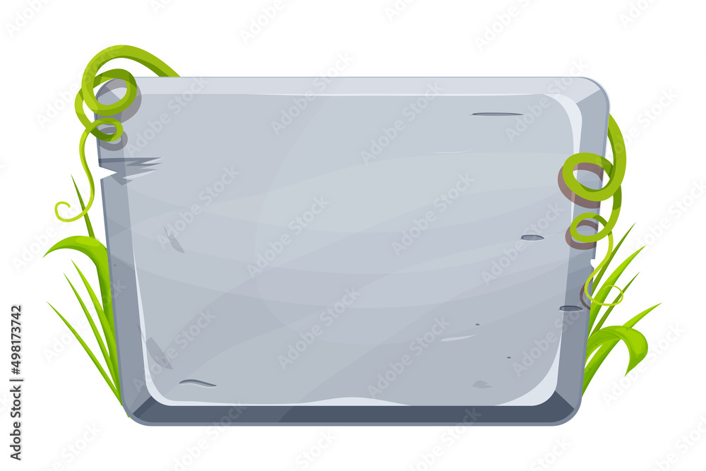 Jungle stone frame with grass and liana, user interface, menu board in ...