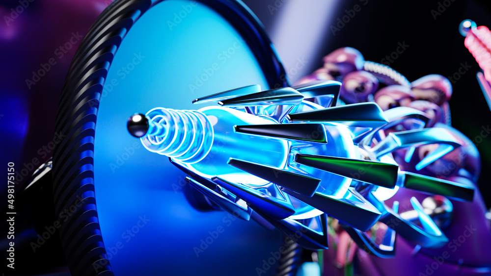 Close-up space weapon similar to a stinger with neon light. Cartoon toy ...