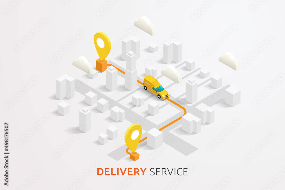 Delivery trucks and delivery boxes on map background and road. Stock ...