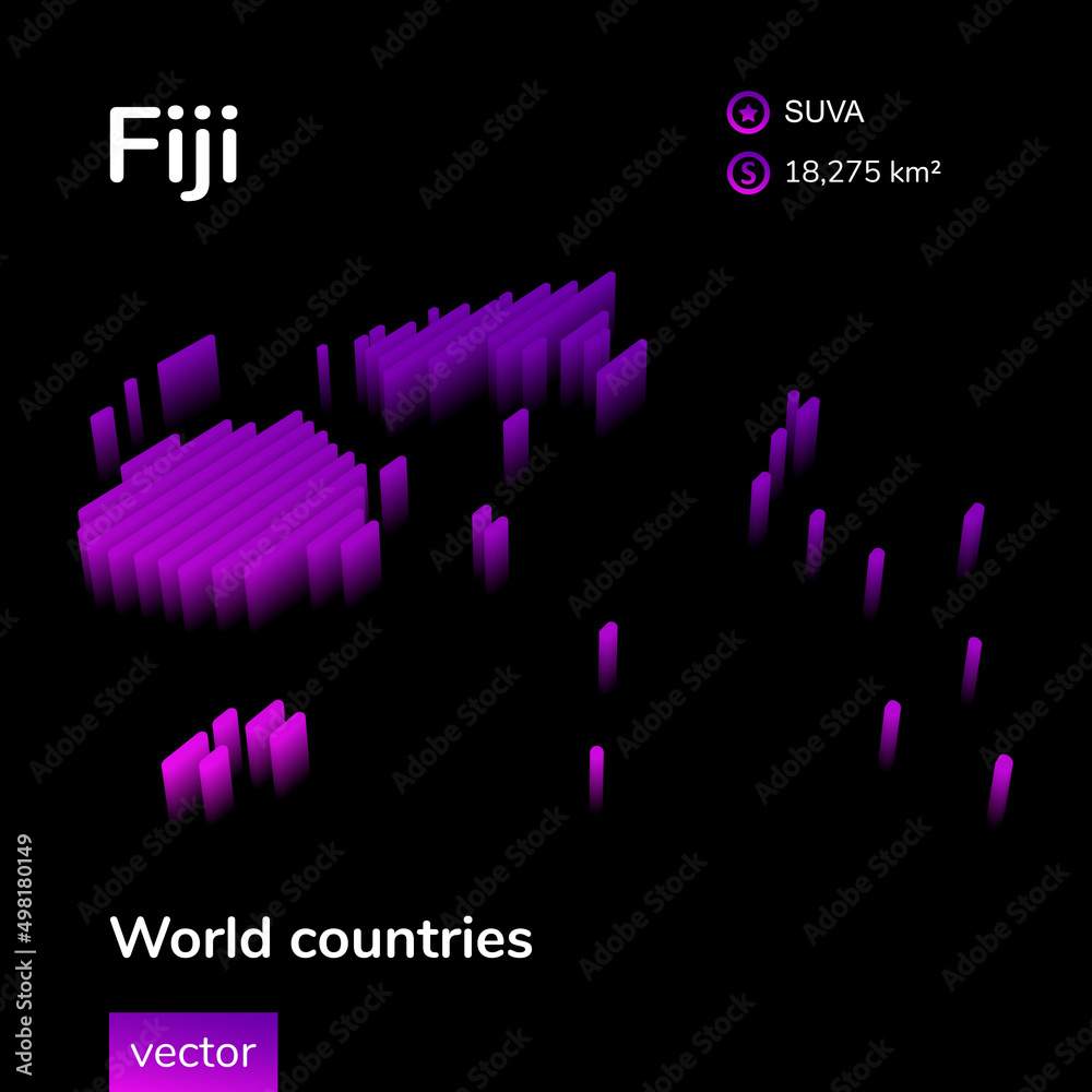 Fiji 3D map. Stylized neon isometric striped vector Map of Fiji is in ...