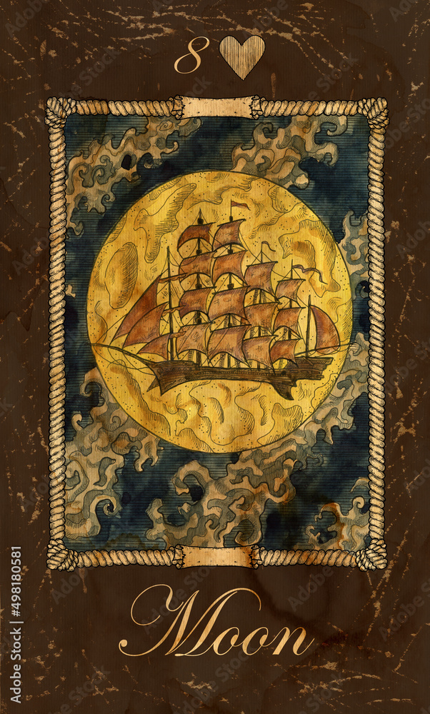 Moon. Card of Old Marine Lenormand Oracle deck. Fantasy vintage ...