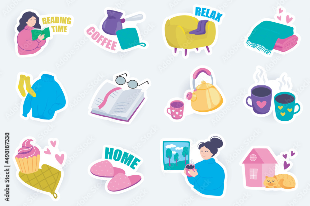 Sweet home cute stickers set in flat cartoon design. Bundle of woman ...