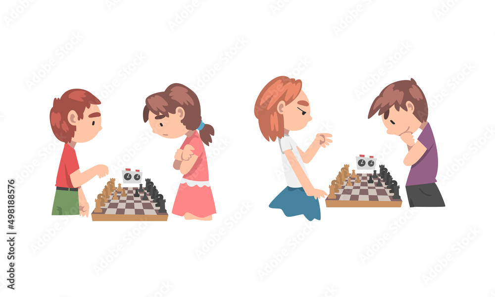 Boys and girls playing chess set. Children playing logic game or ...