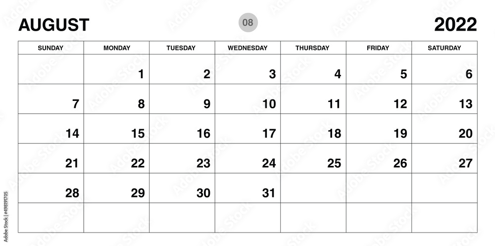 August 2022 year planner template, calendar 2022 template, monthly and ...