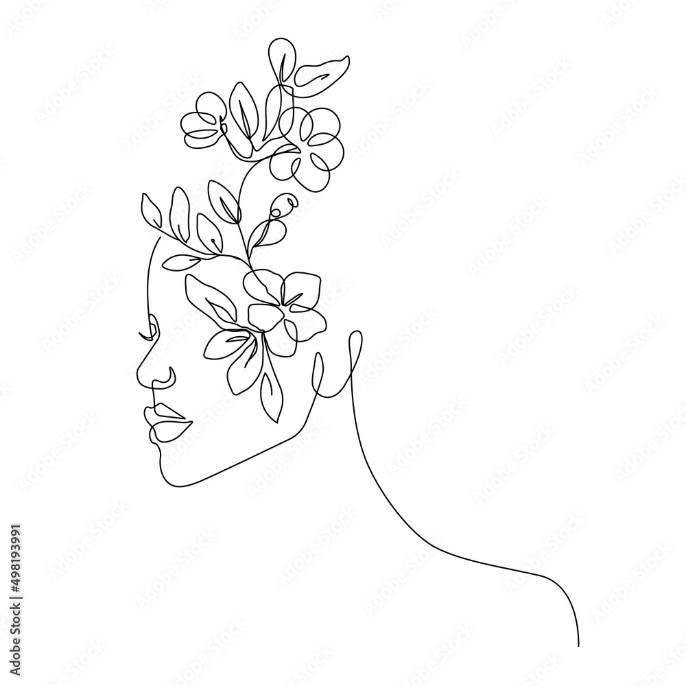Woman Head Of Flowers Line Art Drawing Flower Head Line Drawing