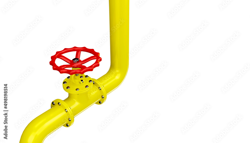 3d render gas pipeline diagonal view with valve on a white background ...