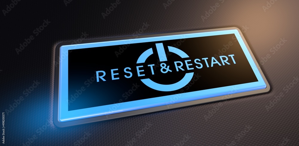 Blue glowing reset and reboot button on metallic background. Rebooting ...