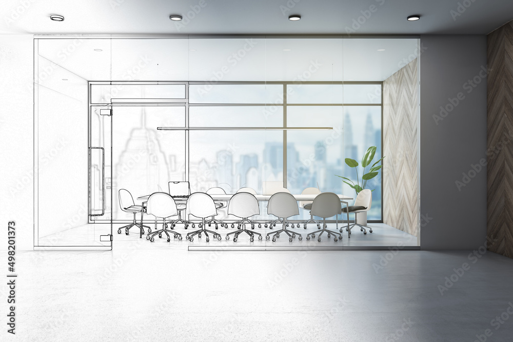 Hand drawn sketch of modern concrete and wooden, glass conference room ...