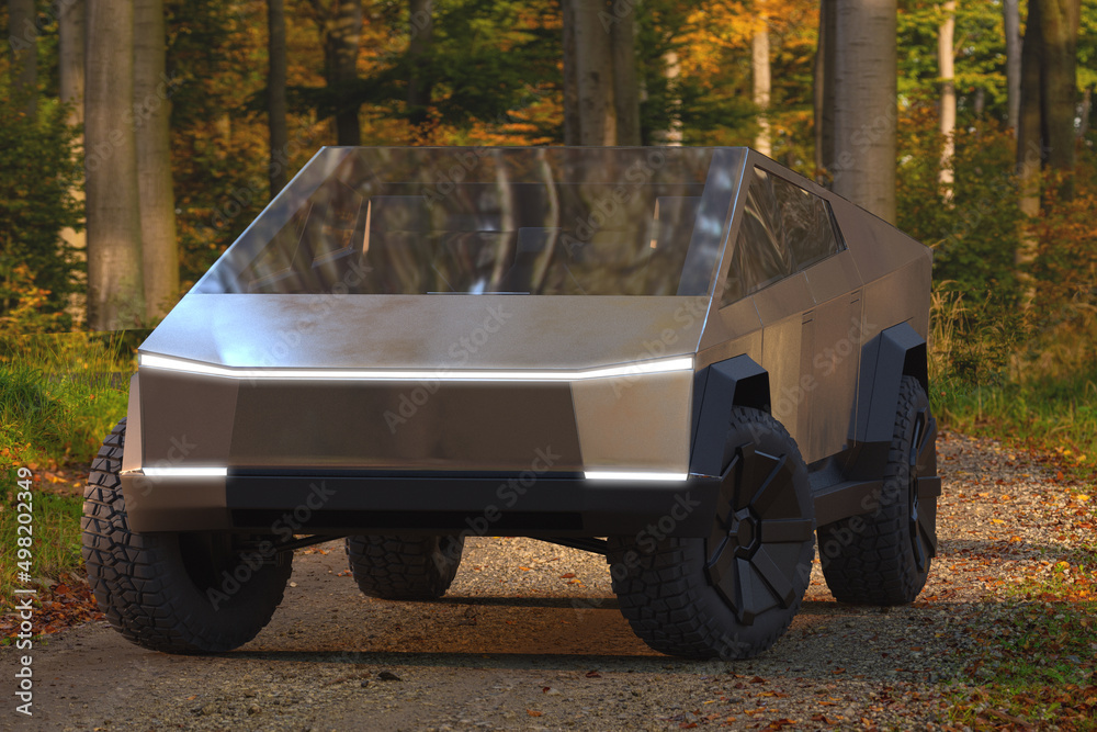 Tesla Cybertruck on a forest road Stock Photo | Adobe Stock