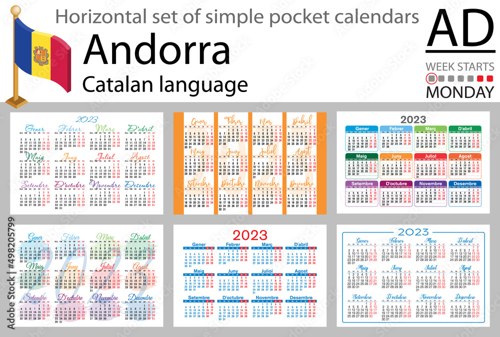 Catalan horizontal pocket calendar for 2023. Week starts Monday Stock ...