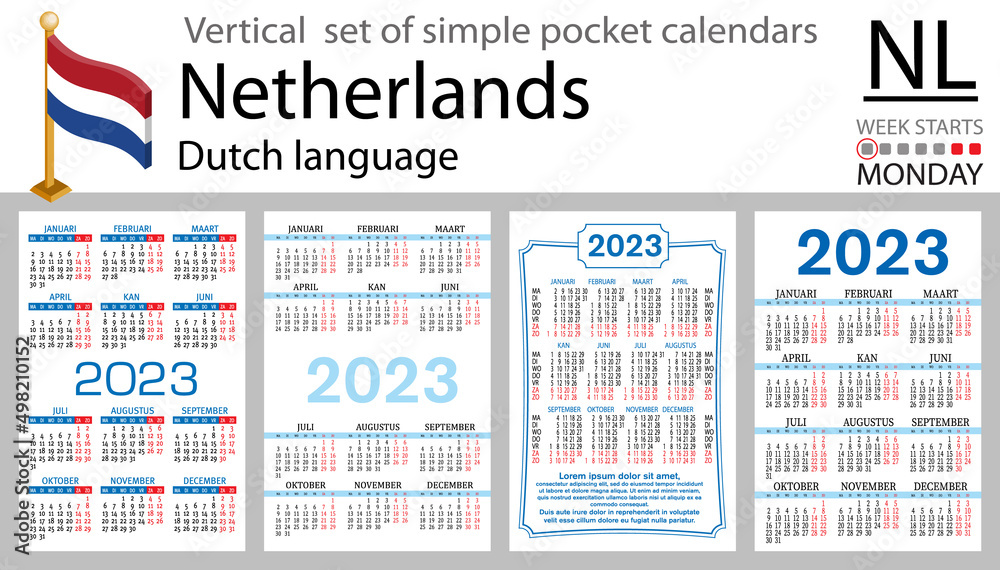 Vetor de Dutch vertical pocket calendar for 2023. Week starts Monday do ...