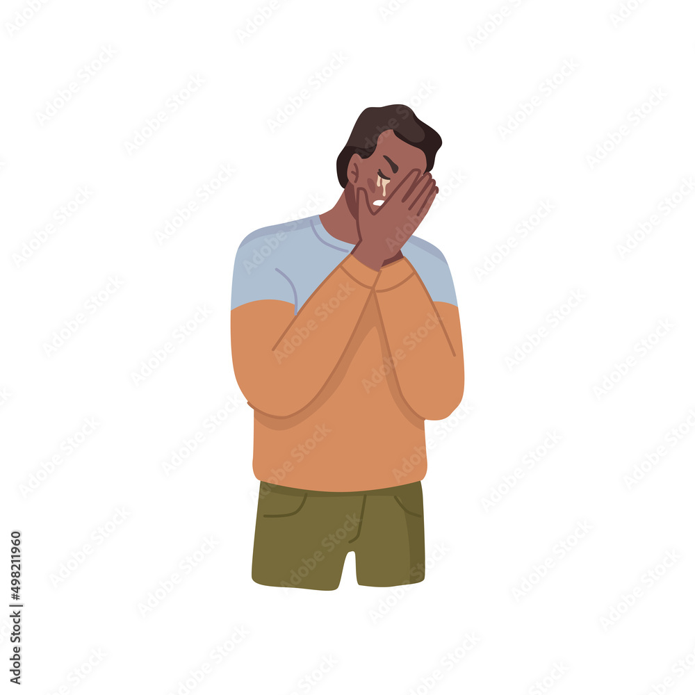 Stressed or depressed male personage crying and weeping. Vector flat ...