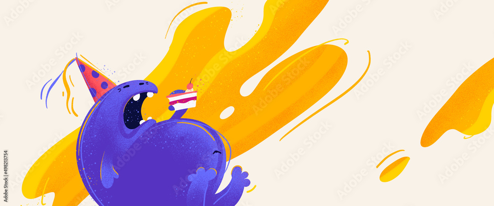 Cute monster eating cake illustration with colorful background. Stock ...