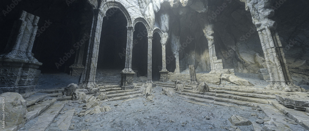 Dark dusty ruin of an ancient medieval fantasy temple underground in a mountain. 3D rendering ...