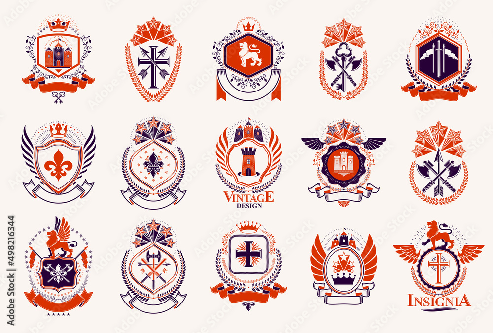 Heraldic Coat of Arms vector big set, vintage antique heraldic badges ...