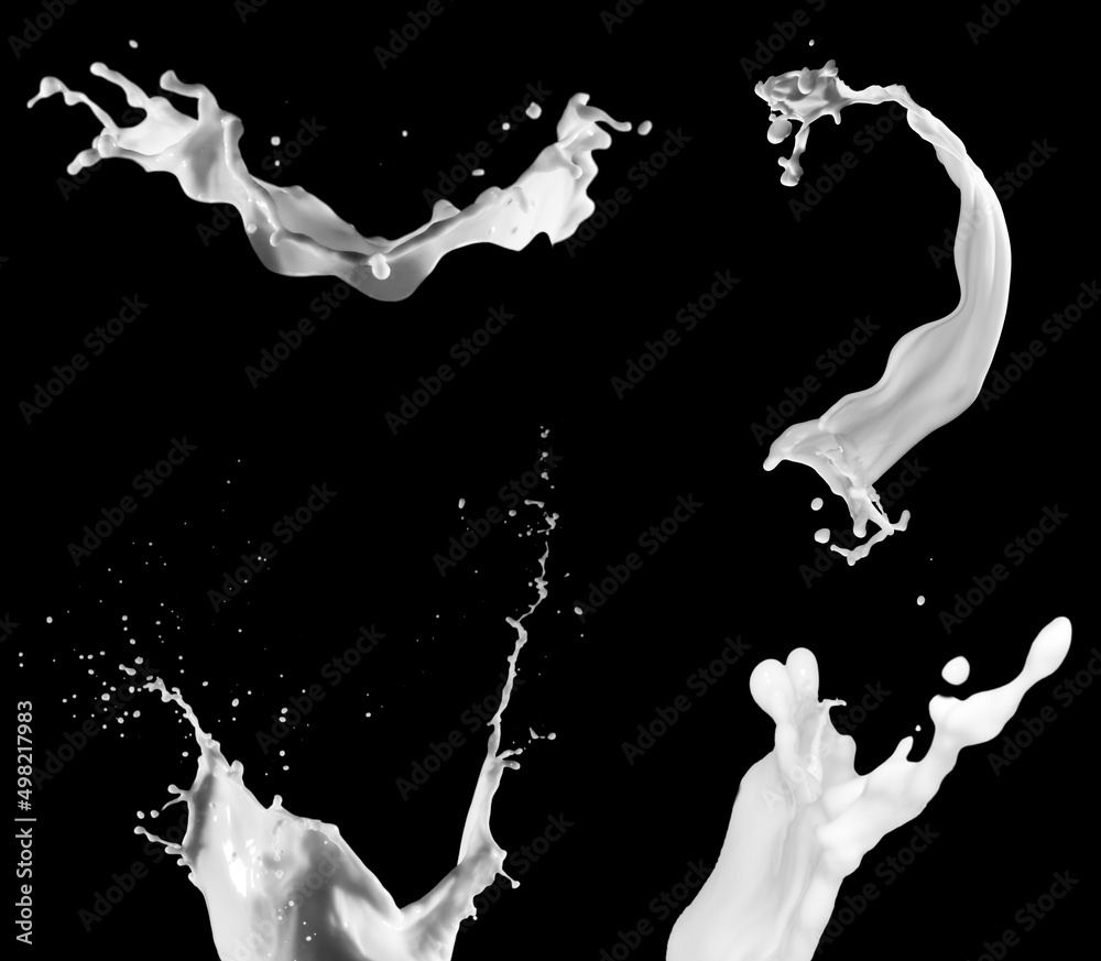 Collection of milk splashes. A splash of milkshake. A set of isolated ...