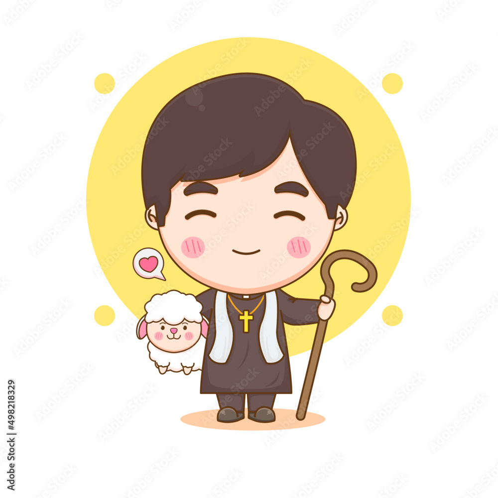 Cute priest with the sheep chibi cartoon character illustration Stock ...