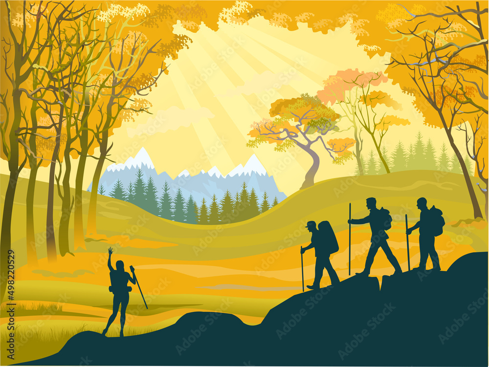 Group friends hiking on forest path surrounded with mountain trees ...