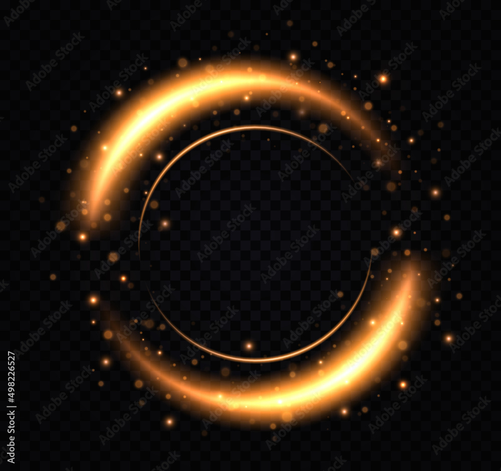 Gold light circle with sparkles. Light golden Spiral. Curve light ...