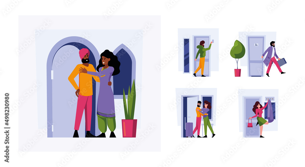 Leaving people. Parents kids meeting home exit from door students going ...