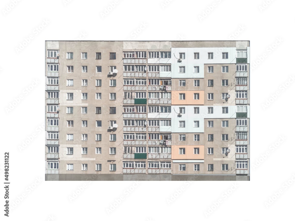 Old Soviet prefabricated nine-storey panel apartment building, isolated ...