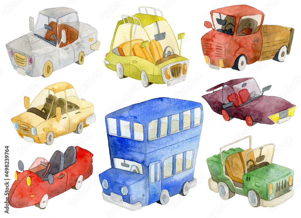 Cartoon cars collection. Comic transportation set. Isolated objects on ...