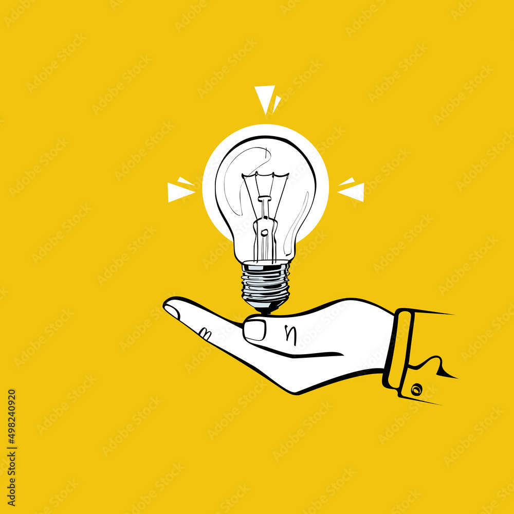 Idea hold in hand. Human hold big a glowing lamp. Vector illustration ...