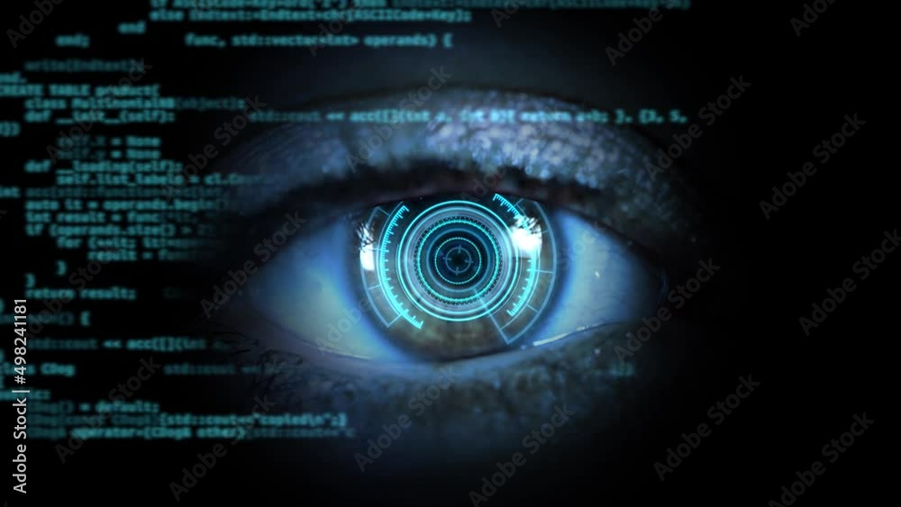 4K Futuristic digital eye scanner Software Programming source code Loop ...